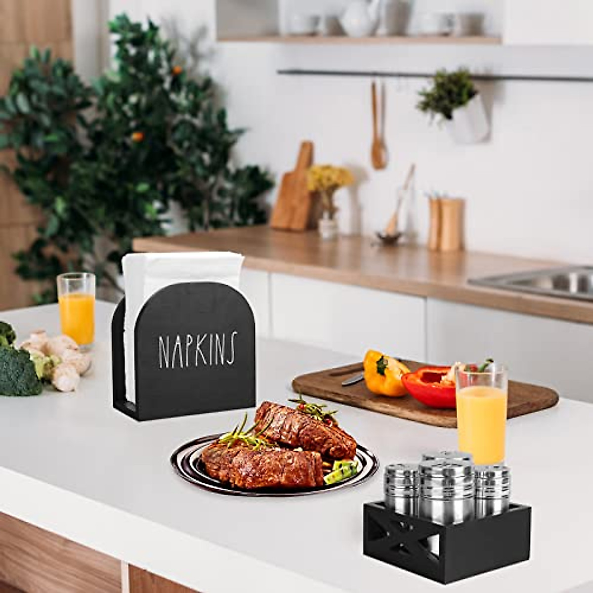 2-in-1 Salt Pepper Napkin Holder Combo, Wooden Napkin Holder for Table with Salt and Pepper Shakers Caddy, Farmhouse Rustic Napkin Holders Salt Pepper Storage Caddy for Tabletop,Kitchen