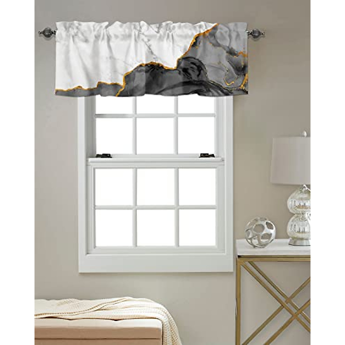 RainbowDay Valance Curtain Elegant Decorative Rod Pocket Valances Wild Marble Pattern Gold Black Grey White Ombre Window Curtain Valance for Kitchen Bathroom Bedroom Basement Cafe,1 Panel 54x18 Inch