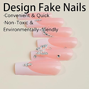 French Tip Press on Nails Long Square Fake Nails 3D Butterfly False Nails White French Tips Square Acrylic Nails Glossy Pink Artificial Nails Full Cover Long Stick on Nails for Women and Girls, 24Pcs