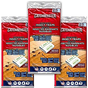 Mouse Glue Trap by Catchmaster - 3 Pack 4 Count (12 Traps Total) Pre-Baited, Ready to Use Indoors. Rodent Spider Insect Wood Sticky Adhesive Narrow Disposable Non-Toxic - Made in The USA