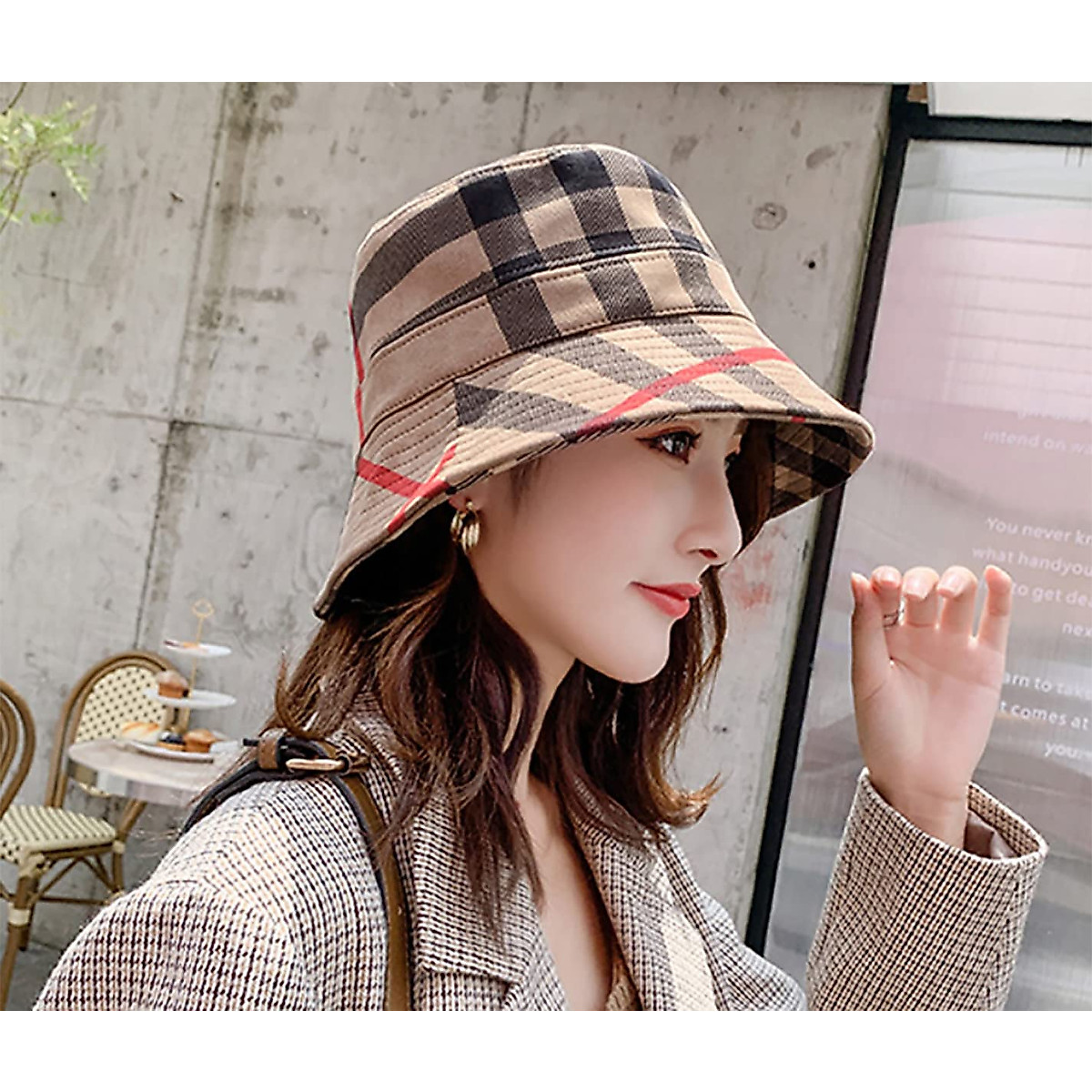 RUINUO Plaid Bucket Hat Women Soft Sun Hat for Spring Summer Autumn Winter Travel Velvet Tartan Packable Bucket Hats Kaki