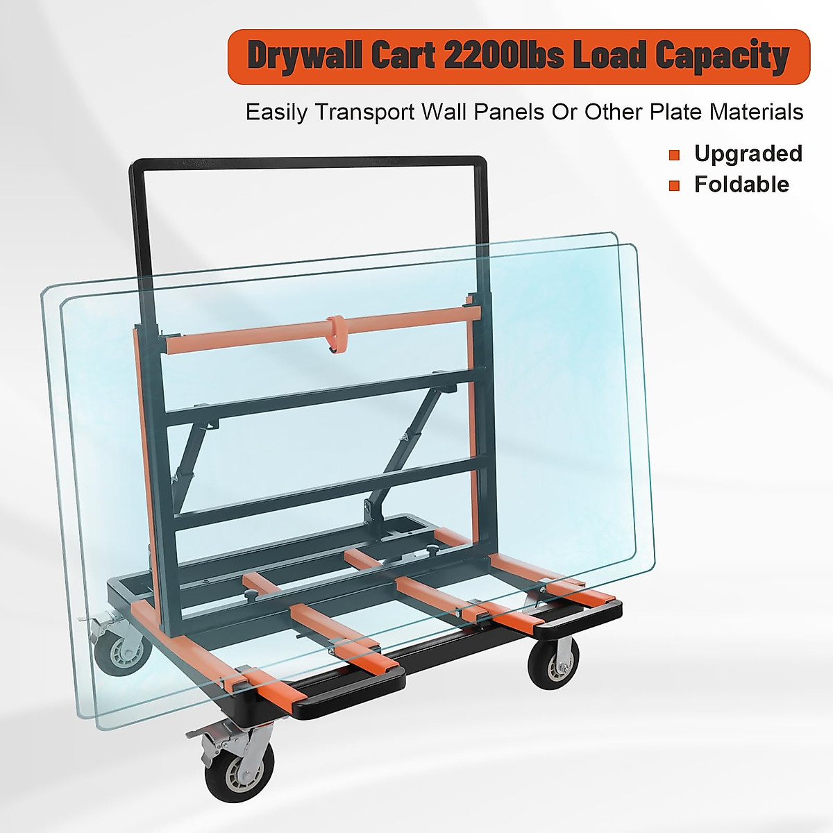 Upgrade Folding Drywall Cart, 2200 lbs Load Capacity, Heavy Duty Panel Dolly Cart with Rubber Swivel Casters, Handling Wall Panel, Sheetrock, Wood Panel, Windows, Rolling Dolly for Garage, Warehouse