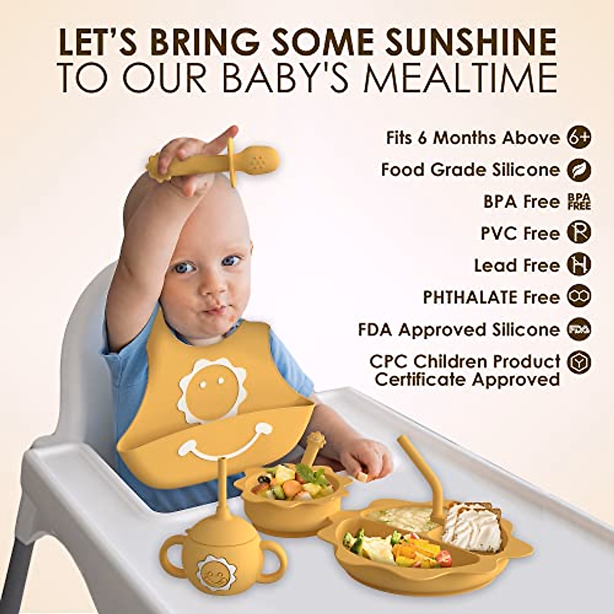 DINETHICS Baby Led Weaning Supplies - Silicone Baby Feeding Set includes Silicone Bibs, Suction Plates for Baby, Sippy Cups with Straw, Baby Bowls with Suction & Baby Spoons Self Feeding 6 Months +