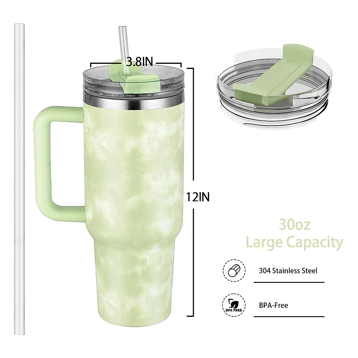 YOUEXPERT 30 oz Tumbler with Handle and Straw, 30oz Travel Cup Stainless Steel Water Bottle Outdoor Sports Tumblers - Green Tie Dye