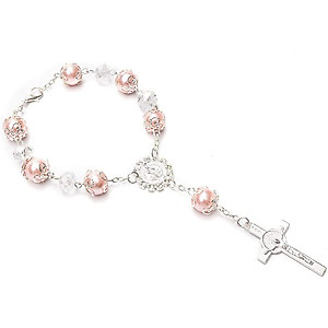 YRP Gifts 12 Pcs Pink/Silver Boy/Girl Hand Bracelet, Mini Rosary Rhinestone Memories Gift for Baptism/First Communion Festivities