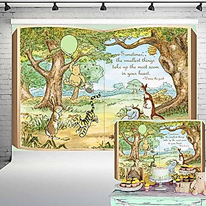 Claasic Pooh Giant Book Backdrop Gender Neutral Baby Shower Decorations Vintage Winnie Bear Green Balloon in Hundred Acre Wood Background Birthday Party Banner 7x5 ft 118