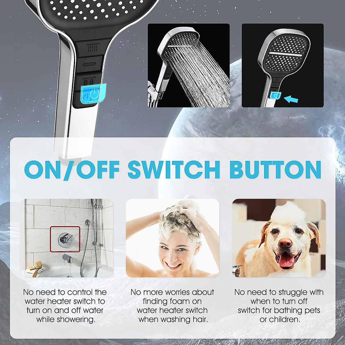 YASINU Handheld Shower Head with Extra Long Hose, 8 Setting Square Detachable Hand Held Spray with Upgrade Button & On Off Switch, 79" Hose - Chrome