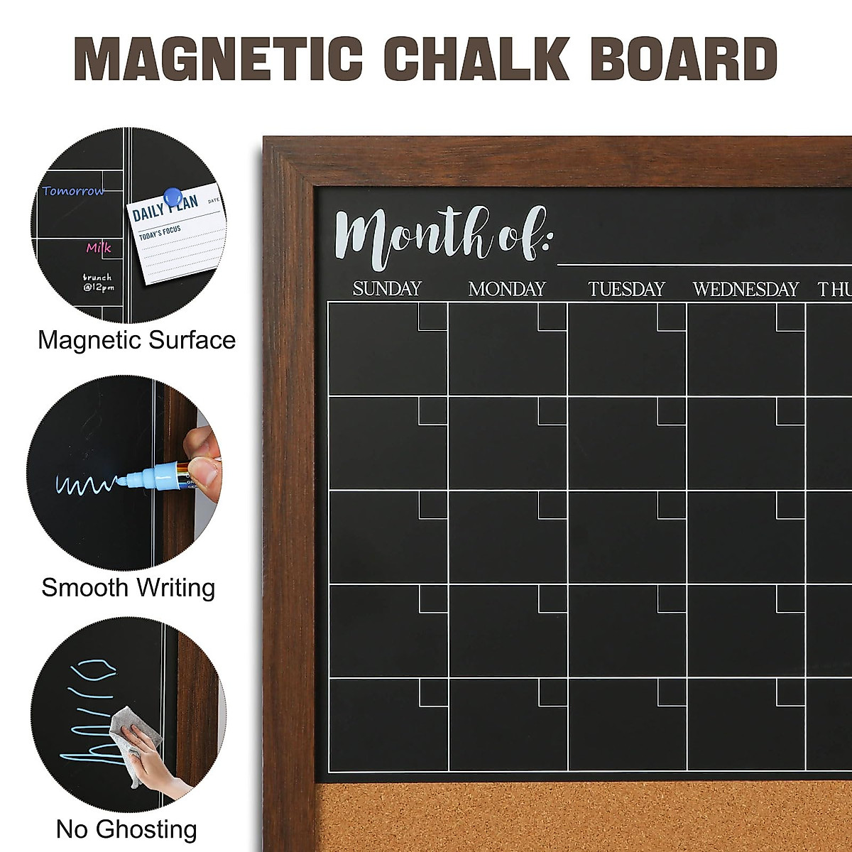4 THOUGHT Chalkboard Calendar Corkboard Combo, 18" x 24" Bulletin Board Magnetic Calendar Chalkboard for Wall Combination Board Monthly Planner Rustic Brown Frame 2 Markers 6 Magnets 4 Pushpins