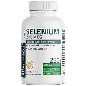 Bronson Selenium 200 mcg – Yeast Free Chelated Amino Acid Complex - Essential Trace Mineral with Superior Absorption, 250 Vegetarian Capsules