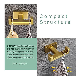 APLusee Double Robe Towel Hook Brushed Gold, 304 Stainless Steel Bathroom Hand Towel Holder, Clothes Wall Hanger for Toilet Kitchen Cabinet