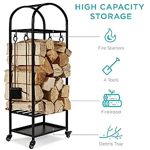 Best Choice Products Large Firewood Log Rack, XL 4ft 3 Tier Wrought Iron Firewood Rack with Tools Wheels, Indoor Outdoor Wood Storage w/ 4 Piece Tool Set, Locking Casters
