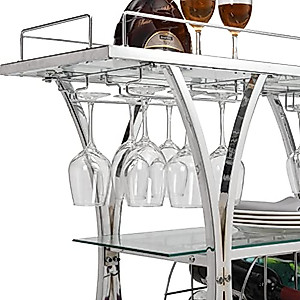 RARZOE Bar Serving Cart with Glass Holder&Wine Rack, Mobile Kitchen Serving Cart Wine Cart, 3-Tier Kitchen Trolley with Tempered Glass Shelves&Sliver-Finished Metal Frame for Home Dining Room(Silver)