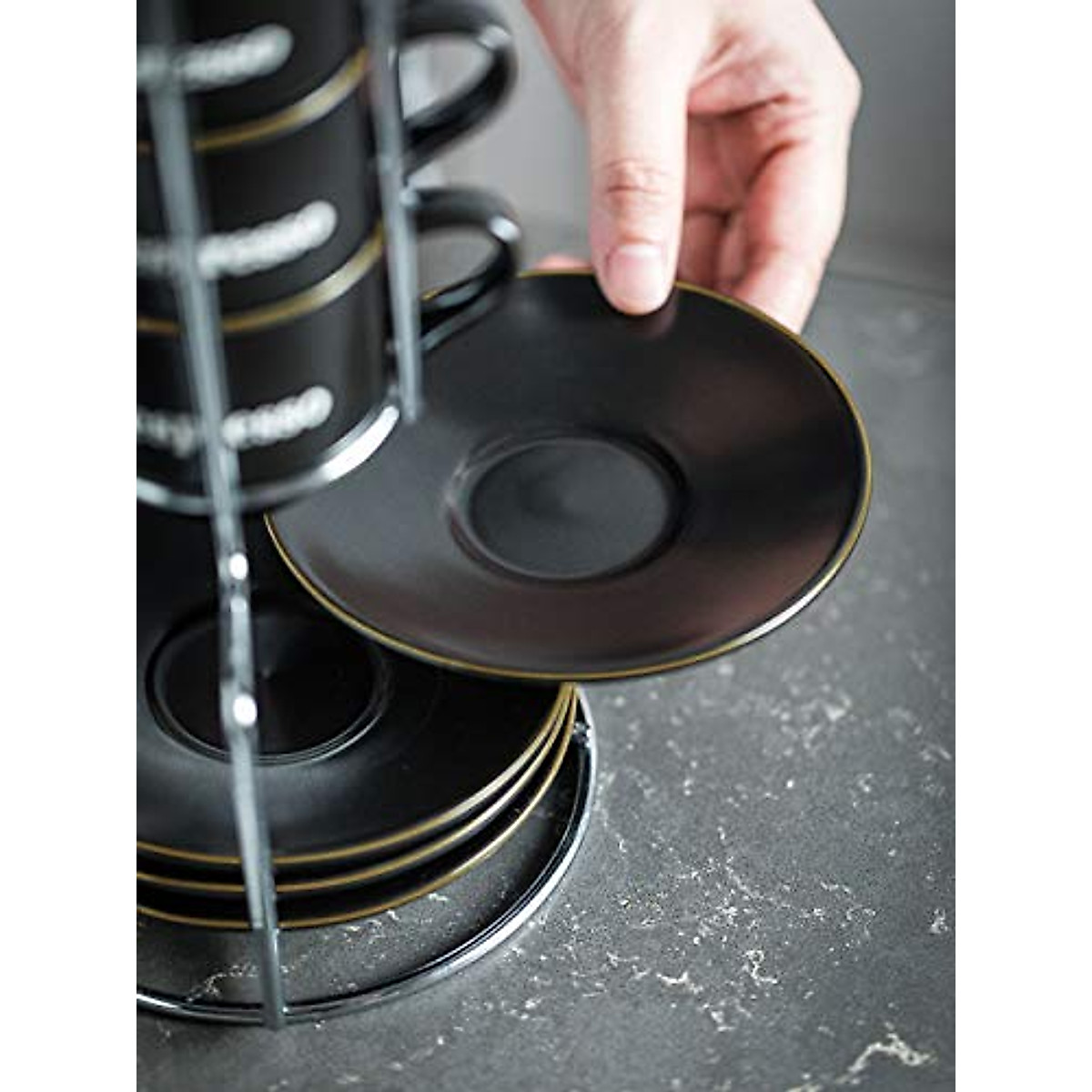 Espresso Cups with Saucers Set, 4 Ounces Demitasse Cups and Metal Stand Porcelain Coffee Cups, Stackable Mugs for Espresso Latte Cafe Mocha and Tea, Set of 6