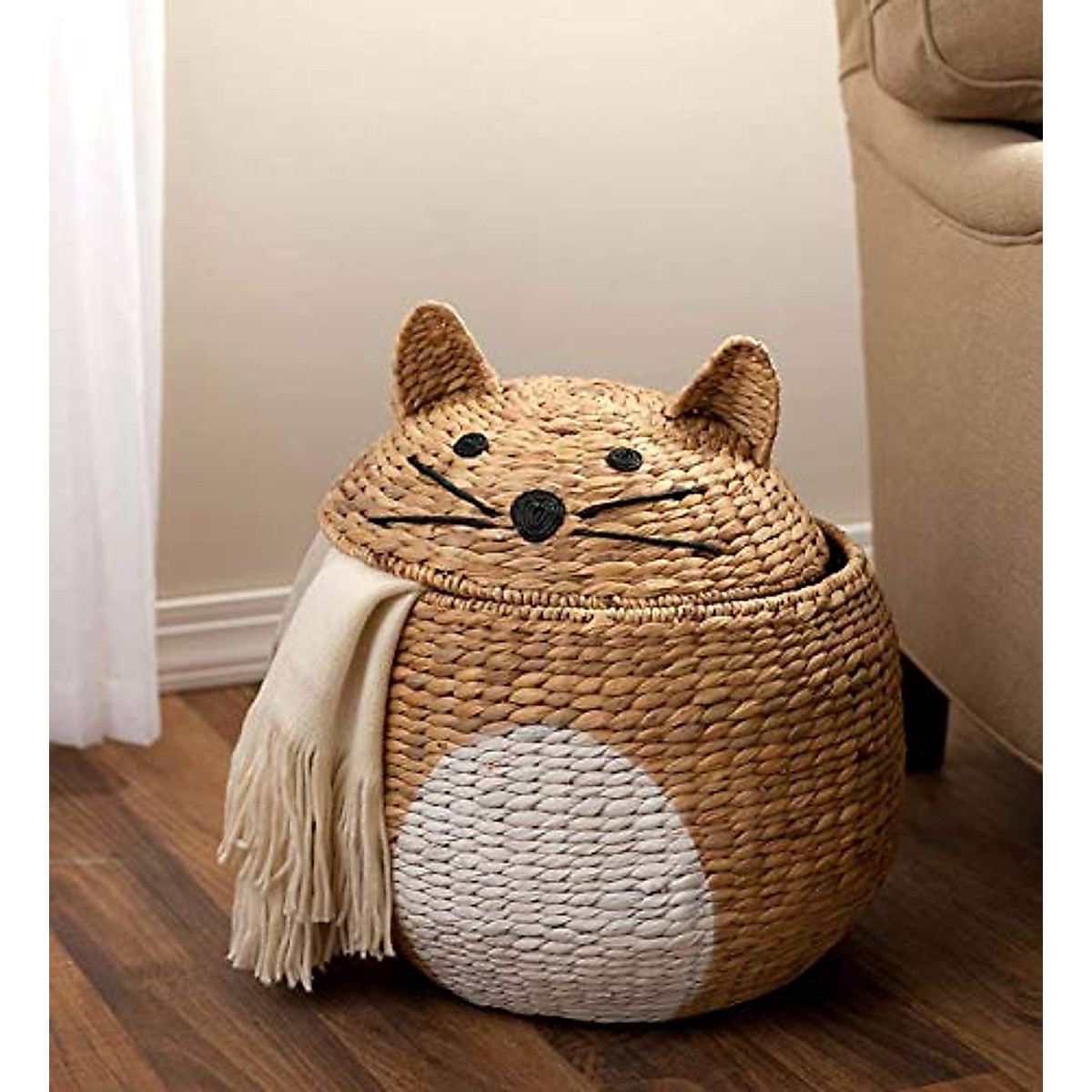 Wind & Weather Woven Cat-Shaped Storage Basket with Lid - 15.75 dia. x 15.75 H