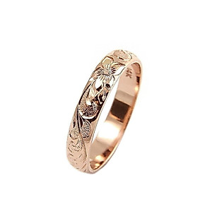 Arthur's Jewelry 14K rose gold custom hand engraved Hawaiian queen plumeria scroll band ring 4mm size 11