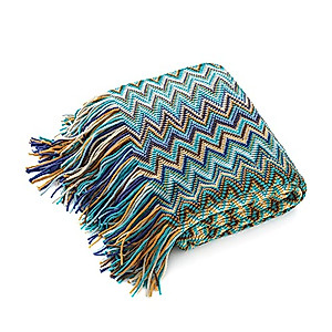 MIULEE Boho Knitted Throw Blanket with Tassel Knit Woven Wave Fringe Crochet Blanket Soft Lightweight Decorative Bohemian Blanket Afghan Hippie Outdoor Warm Throw for Sofa Bed Couch, 50 x 60 Blue