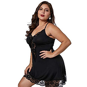 lime flare Women Sexy Plus Size Lace Trim Babydoll Chemise Criss Cross Back Lingerie Dress Sleepwear (2X-Large(US 18-20),Solid black with satin bow detail)