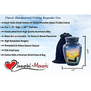 Immortal Memories Fishing Keepsake Urn - Keeksake Cremation for Ashes Token Hand Painted Mini Memorial Sharing with Velvet Case & Bag (Keepsake), Sky Blue