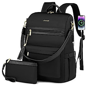 LOVEVOOK Laptop Backpack Women,17.3 Inch Convertible Backpack Purse for Women with USB Port,Fashion Teacher Nurse Bag Work Backpack with Cute Wristlet Bag for Travel College Commute,2 PCS,Black