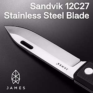 JAMES° The Ellis Slim Folding Pocket Knife Razor Thin EDC, 2.6" Stainless Steel Blade, Slip-Joint Design, All-things Scraper and Screw Driver, Black Grip