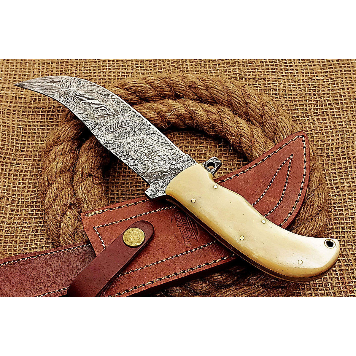 HUNTEX Handmade Hand-Forged Twist Pattern Damascus Steel 11 Inch Long Full Tang Camel Bone Handle Razor Sharp Hunting Camping Trail Knife w/Genuine Leather Sheath