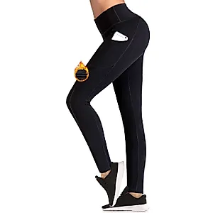 IUGA Fleece Lined Leggings with Pockets for Women Thermal Leggings for Women High Waisted Yoga Pants Winter Workout Leggings Black
