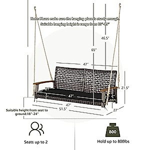 Tangkula 2 Person PE Wicker Porch Swing Bench, Outdoor Hanging Swing with Soft Seat Cushion and Hanging Ropes(Length of 118" for Each Chain), 800 LBS Weight Capacity (Black)