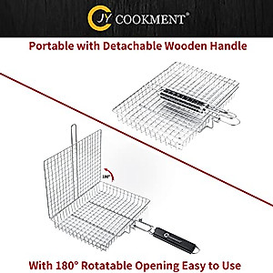 JY COOKMENT Grill Basket Stainless Steel with Portable Removable Handle, Grilling Basket-BBQ Accessories for Vegetable, Shrimp, Fish, Steak and Outdoor Use-Dishwasher Safe
