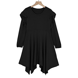 blibean Girls Long Sleeve Dress Tween Fall Boho Puff Dresses Cute Tiered Elastic Cuff High Low Ruffle Outfit Swing Clothes Midi Kid Clothing Size 8-9 Years Old Solid Black