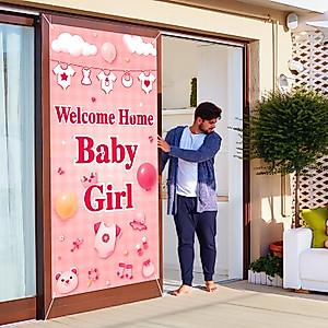 Labakita Welcome Home Baby Girl Door Banner, It’s a Girl Welcome Baby Girl Banner, Baby Shower Decorations for Girls, Gender Reveal Baby Shower Door Sign Party Decoration Inside Outside