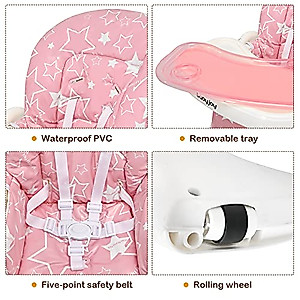 BABY JOY Folding High Chair for Babies & Toddlers, Infant Dining Chair w/Removable Dishwasher Safe Tray, 5-Point Safety Belt, Wheels, Detachable Cushion, Adjustable Backrest Footrest & Height (Pink)