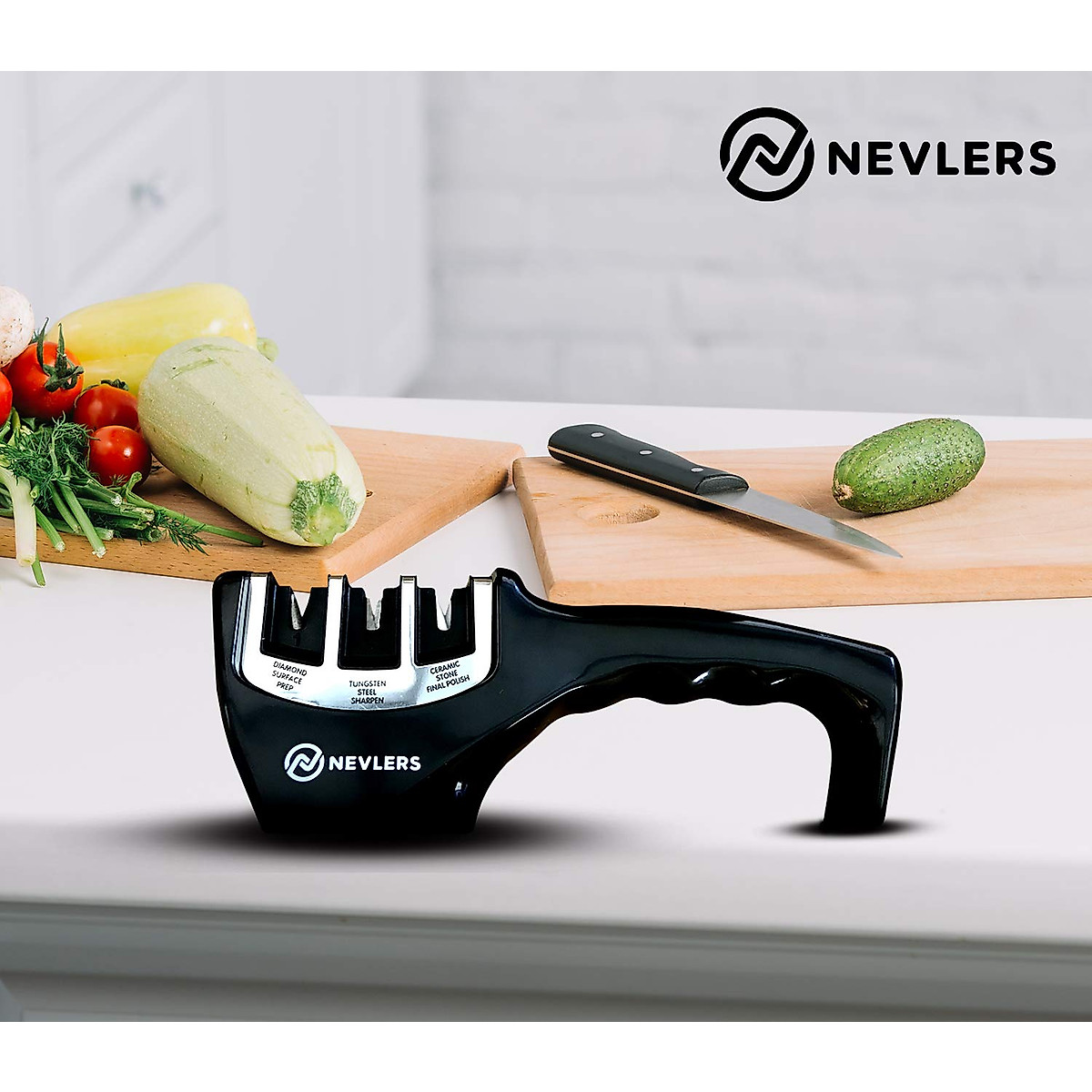 Nevlers 3 in 1 Kitchen Knife Sharpener with Cut Resistant Gloves | Knife Sharpeners for Kitchen Knives Preps, Repairs, Sharpens | Blade Sharpener with Diamond, Ceramic & Tungsten Steel Slots (Black)