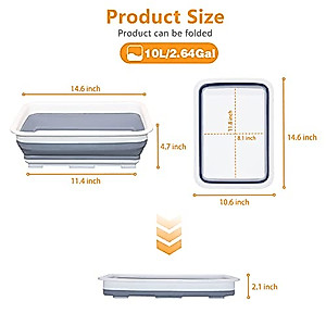 Goderewild 2.6 Gal(10L) Collapsible Dish Pans for Washing Dishes, Space Saving Multiuse Foldable Sink Tub, Kitchen Storage Tray for Outdoor Camping, Vegetable Washing, RV (Gray)