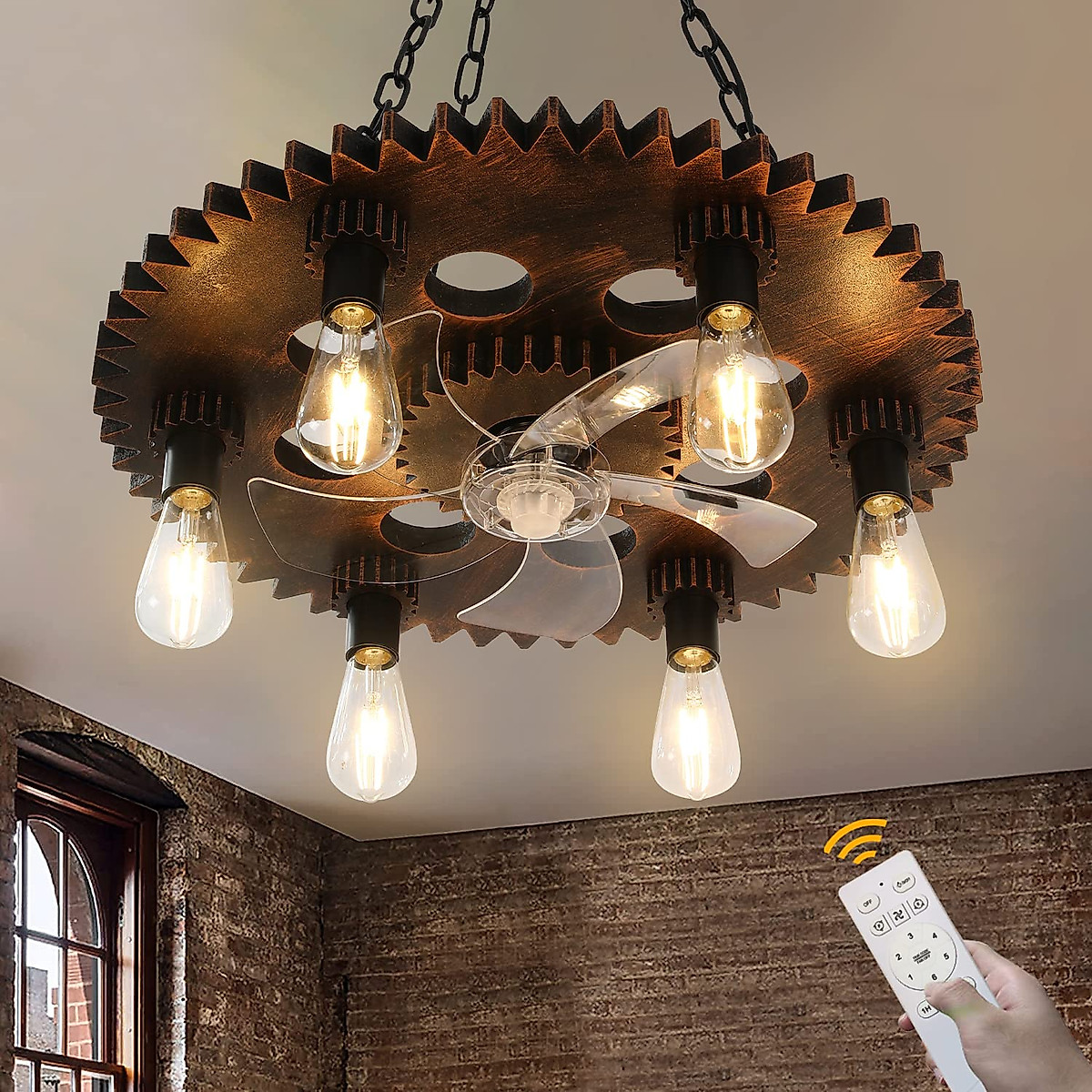 23.6in Ceiling Fan With Light,Farmhouse Ceiling Fan With Light and Remote Control, 6 Speeds Retro Ceiling Fans With Lights for Slanted Ceilings and Living Room, Vintage Copper (6 E26 Bulb Include)