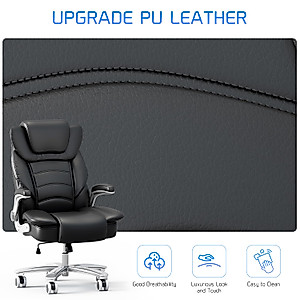 GYI Big and Tall Office Chair 400lb Wide Seat, High Back Leather Executive Office Chair with Flip-up Arms, Ergonomic Computer Desk Chairs for Home Office, Black