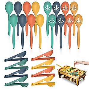 RayPard Reusable Plastic Serving Utensils Set of 24, Wheat straw Large Serving set 10" Serving Spoons/10" Slotted Spoons/9.4" Tongs, for Party Chafing Dish Buffet Catering (Orange/Blue/Yellow/Green)