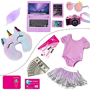 ZNTWEI American 18 Inch Doll Travel Suitcase Play Set with 18 Inch Doll Clothes and Accessories Including Sunglasses Camera Computer Phone Ipad Travel Pillow ect