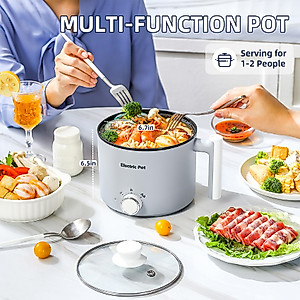 YOOLYQI Electric Hot Pot:1.5 L Ramen Cooker, Dual Power Mini Portable Multi-Functional Lazy Pot for Pasta, Noodles, Egg, Soup, Non-Stick Noodle Cooker with Boil Dry Protection for Dorm, Office (Grey)