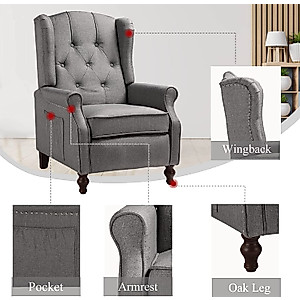 OQQOEE Wingback Recliner Chair Fabric Push Back Accent Chairs Diamond Tufted Reclining Armchair with Adjustable Backrest and Thicken Padded Cushions for Living Room, Bedroom (Fabric, Dark Grey)