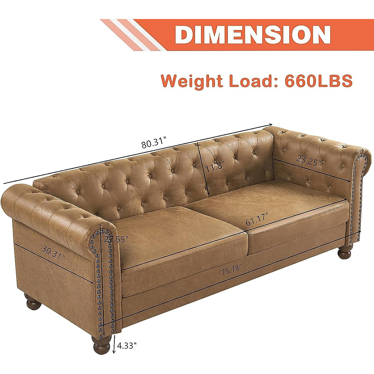 LAVHOME Upholstered Chesterfield Button Tufted Nailhead Modern Pu Leather 3 Seater Sofa Classic Rolled Arm Lrarge Couch for Living Room Bedroon Brown
