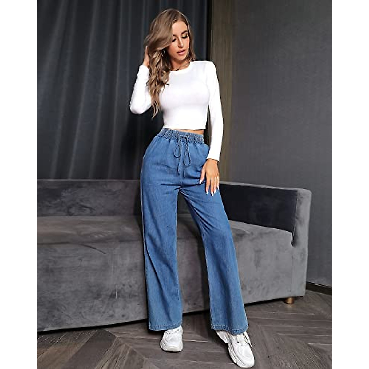 Women's Classic Denim Jeans Wide Leg Elastic High Waist Drawstring Pants with Pockets