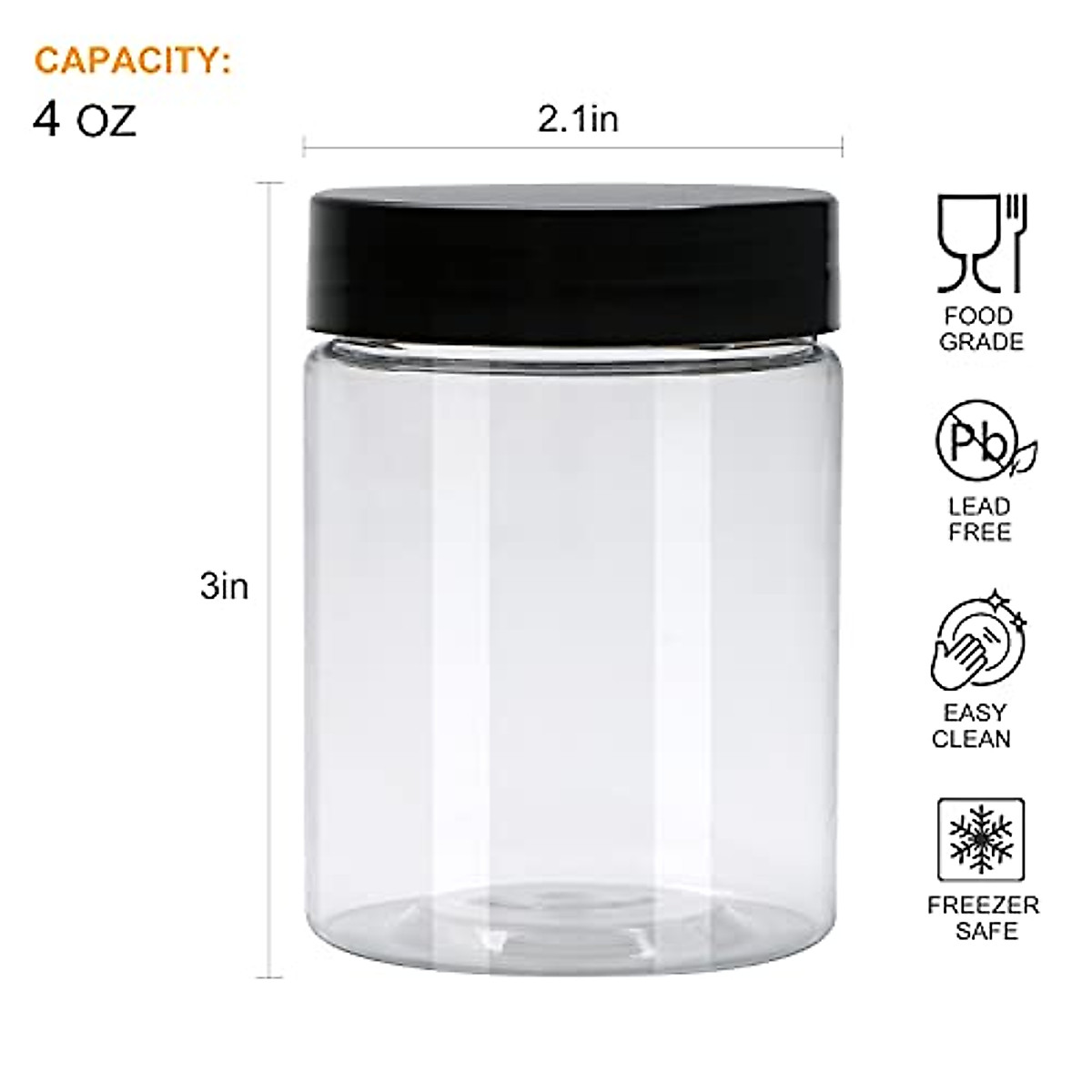 Accguan 15Pack 4oz Plastic Jar Storage Container with Black Lids Airtight Clear Wide-mouth Slime Storage Jars for Cosmetic Cream Light Clay