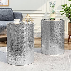 2 Piece Cylindrical Coffee Table Metal Cylindrical Small Side Table for Living Room Sofa Apartment Small Space,Silver, 16" D * 16" W * 22.25"