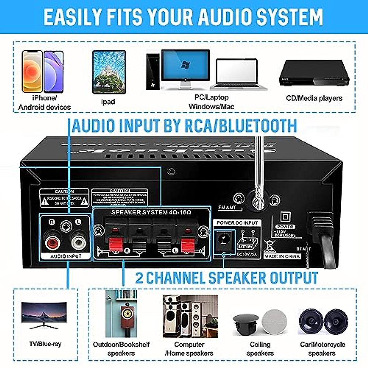 Sunbuck Max 250W×2, Bluetooth Stereo Amplifier, 2 Channel Outdoor Speaker Amplifier, Stereo Receiver for Home Audio w/USB 2.0, MIC in, Remote Control, Hi-Fi Small Amplifier for Speakers, AS-29BU