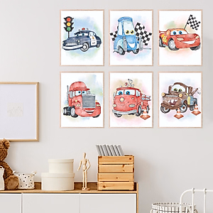 BigWig Prints Cars Poster Set - Cars Room Decor for Boys And Girls, Lightning Mcqueen Room Decor, Wall Art for Kids Bedroom, Sheriff Guido Lightning McQueen Mack Red Mater - 9 Pack (8x10”) Unframed