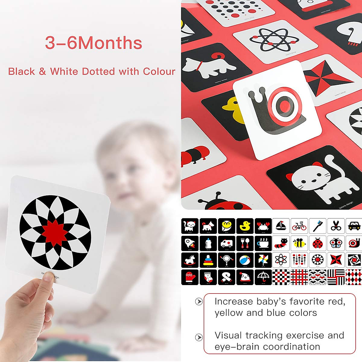 beiens High Contrast Baby Flashcard, 80 Pcs 160 Page Black White Colorful Visual Stimulation Learning Activity Card for Babies Ages 0-3-6-12-36 Months, 5.5'' x 5.5'' Newborn Infants Toys Gift