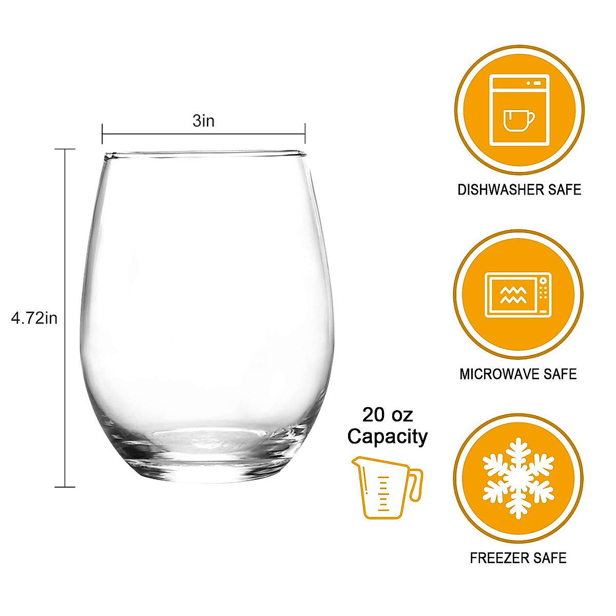 Clear 20oz Stemless Wine Glass,Large Cup For Enhanced Aeration with Durable Chip Resistant Rim For White Wine,Beverage Cups For Red Wine,Sleek Modern Drinking Tumbler Drinking Glass 8pack