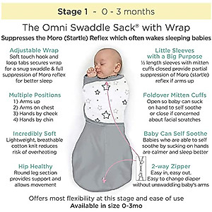 Amazing Baby 6-Way Omni Swaddle Sack for Newborn, Transitional Swaddle Sack with Wrap & Arms Up Sleeves & Mitten Cuffs, Easy Swaddle Transition, Better Sleep, Gray Stars, Small, 0-3 Months