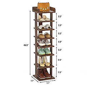 Flydem Vertical shoe rack tower slim entryway stand narrow tall 8 Tiers wooden modern organizer saving space storage (color:Rustic brown)