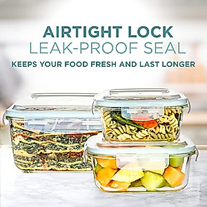 Razab 24 Pc Glass Food Storage Containers Airtight Lids Microwave/Oven/Freezer & Dishwasher Safe - Steam Release Valve BPA/ PVC-Free -Small & Large Reusable Round, Square & Rectangle Bento Containers